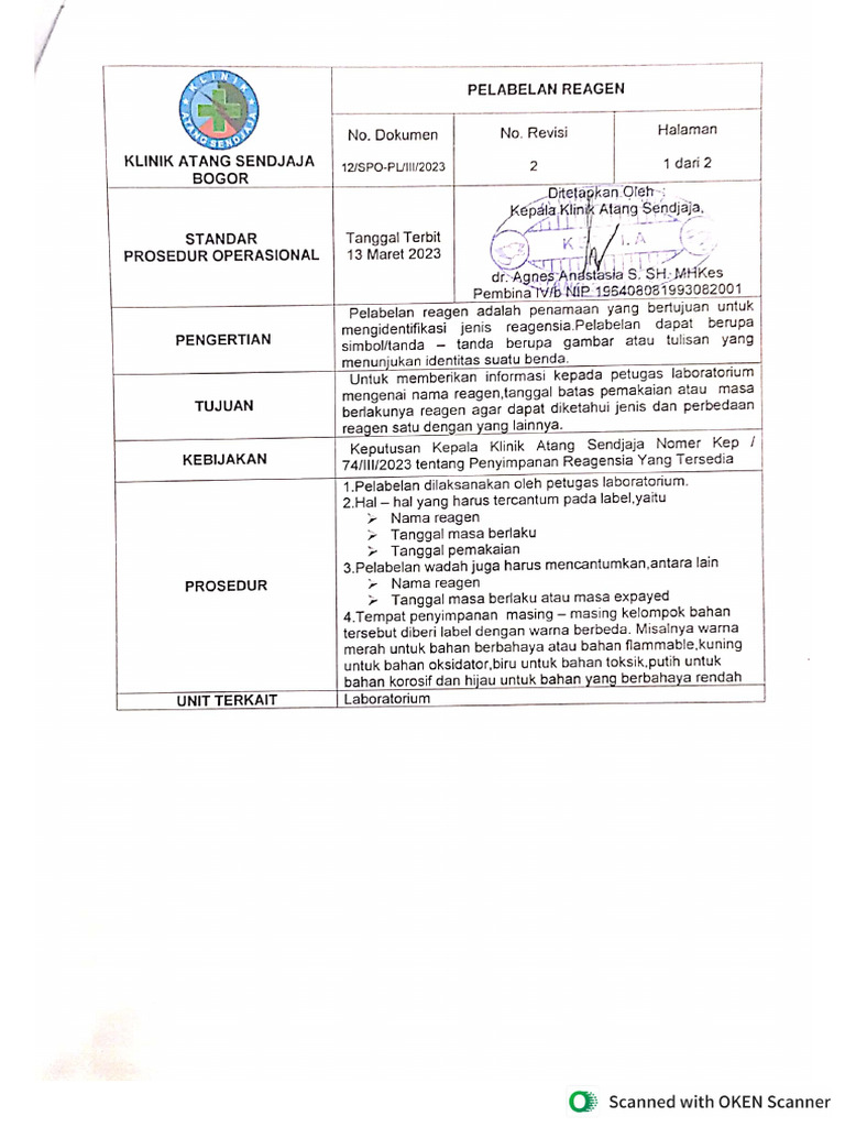 SOP Pelabelan Reagen | PDF