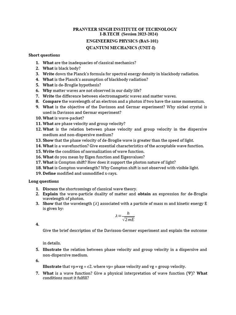 UNIT 1 Quantum mechanics | PDF | Electronvolt | Waves