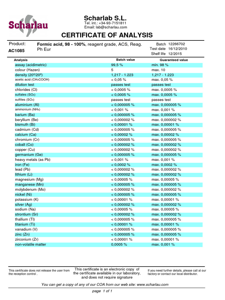 3. COA, ACIDO FORMICO | PDF | Hydrogen Compounds | Chemical Substances