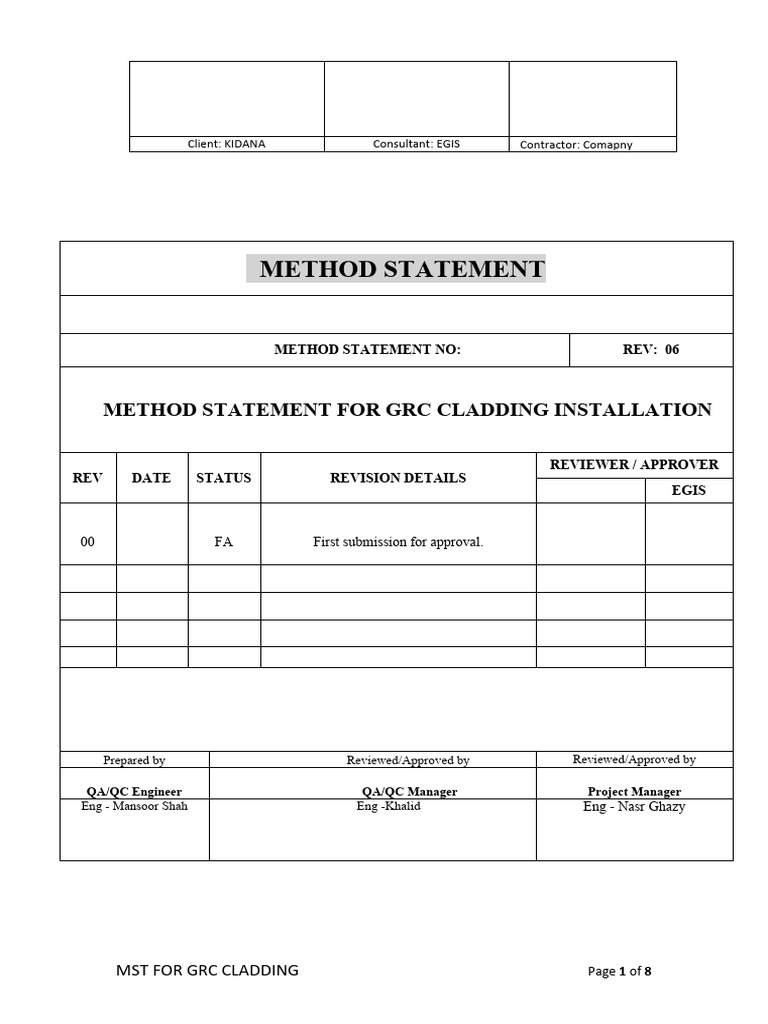 Method Statement For Installation GRC Claddings - RV-01 | PDF | Quality Assurance | Scaffolding