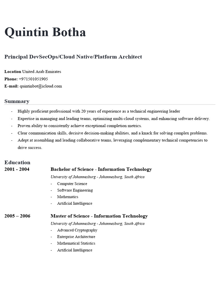 Quintin Botha Resume | PDF | Cloud Computing | Amazon Web Services
