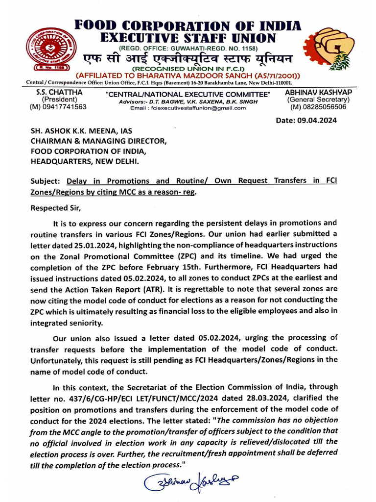 Delay in Promotions and Routine - Own Request Transfers in FCI Zones ...