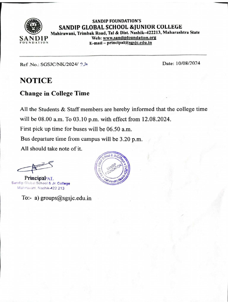 Notice - Change in College Time | PDF