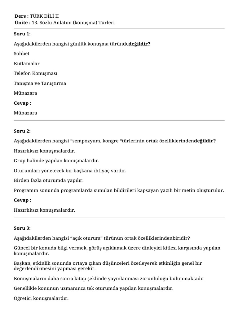 Ders _ TÜRK DİLİ II _ Ünite _ 13. Sözlü Anlatım (Konuşma) Türleri - - Sorular | PDF
