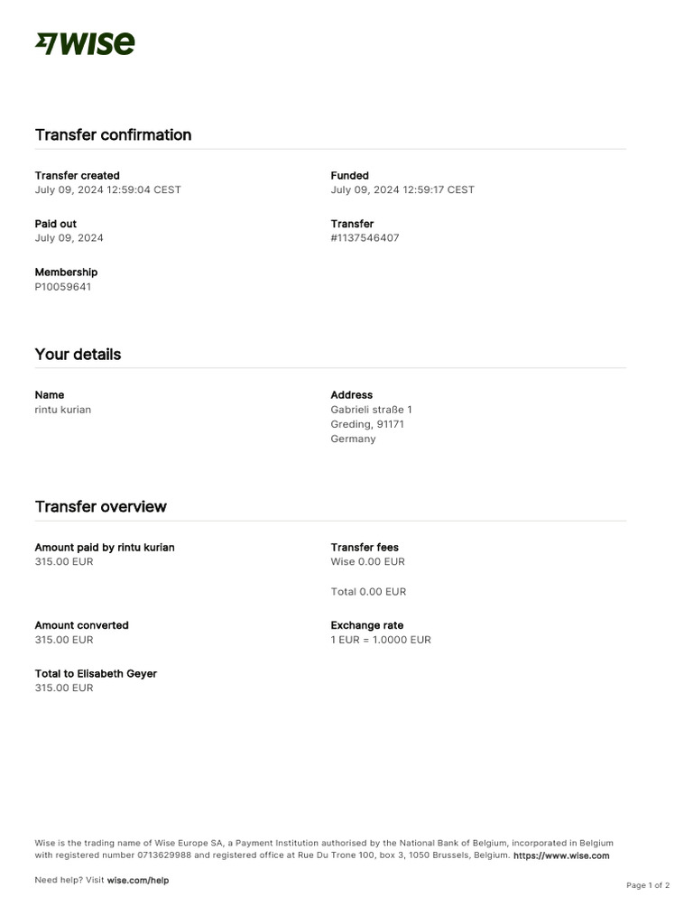 Wise Transfer Confirmation Details | PDF | Euro | Financial Technology