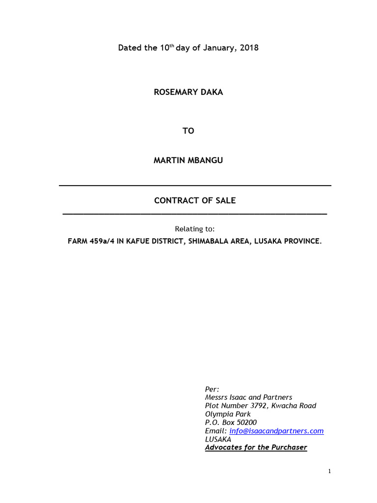 Contract of Sale Martin Mbangu and Rosemary Banda | PDF | Law And ...