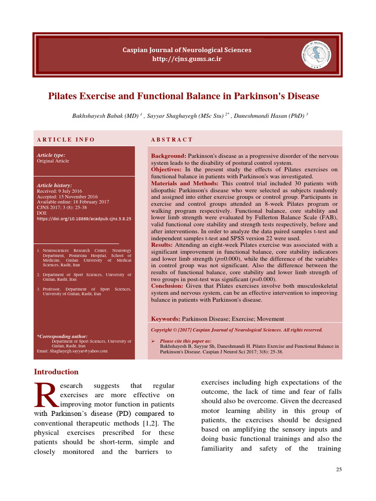 Pilates Exercise and Functional Balance in Parkinson's Disease | PDF ...