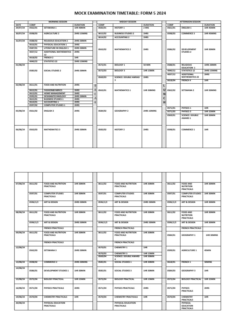 Bgcse Mock Examination Time Table 2024 | PDF | Observation | Inquiry