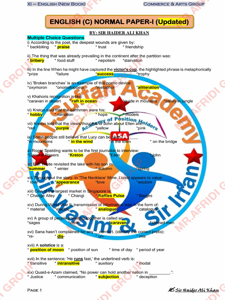 Xi-English Target Paper - Arts Commerce - Solved Mcqs | PDF