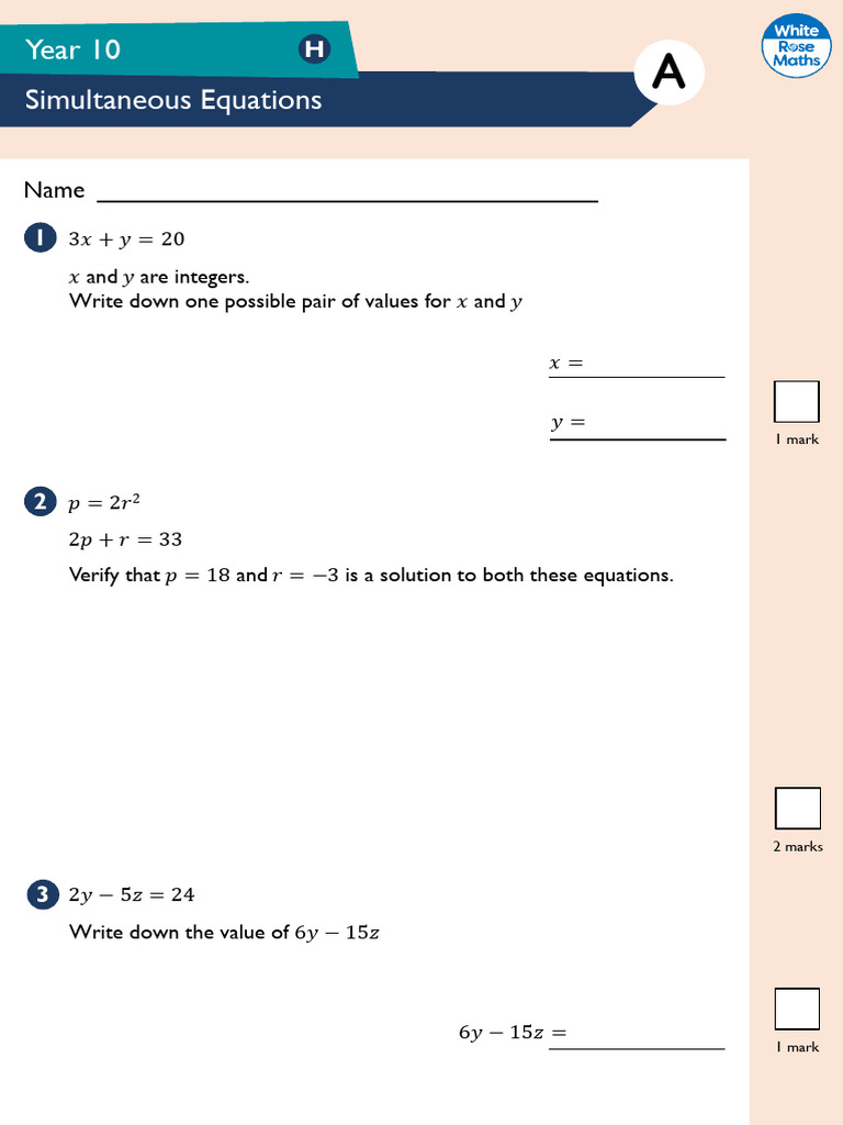 Year 10 Autumn 4 Simultaneous Equations Higher A | PDF