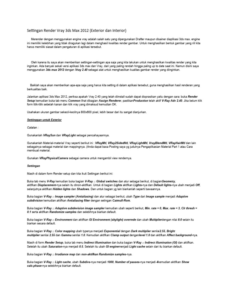 Settingan Render Vray 3ds Max 2012 (Exterior Dan Interior) | PDF