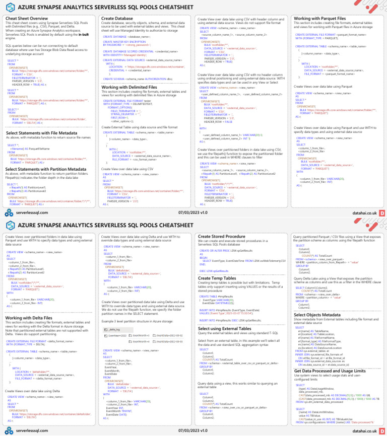 Azure Synapse Serverless SQL Pools Cheat Sheet | PDF | Databases | File ...