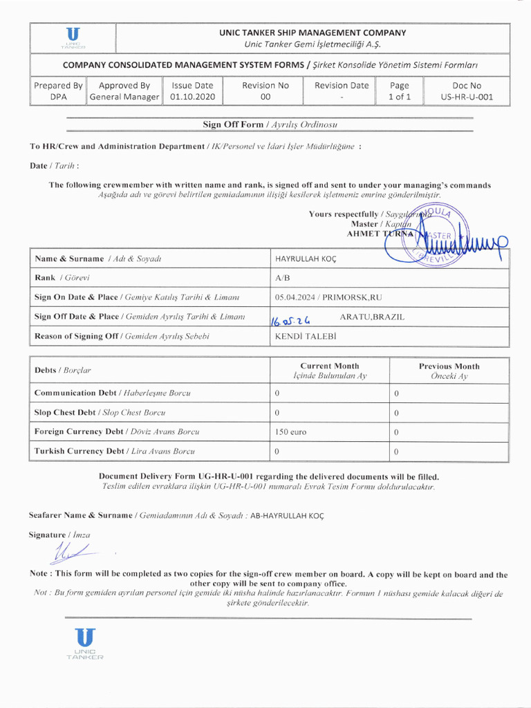 US-HR-U-001 Sign Off Form | PDF