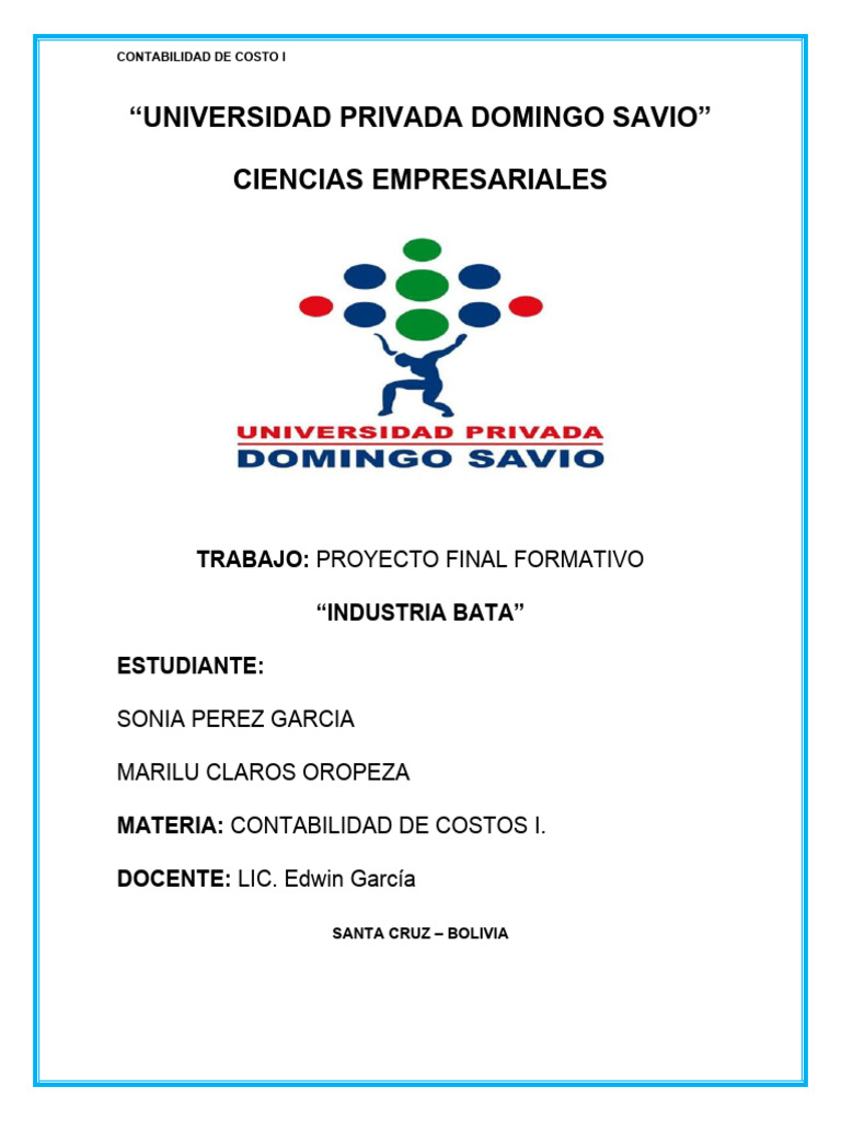 Bata y Manaco Proyecto Final de Contabilidad de Costo I.sonia Perez - Marilu Oropeza | PDF ...