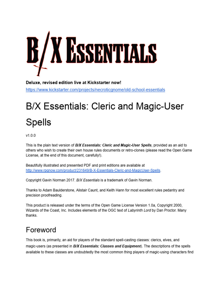 B - X Essentials - Cleric and Magic-User Spells | PDF