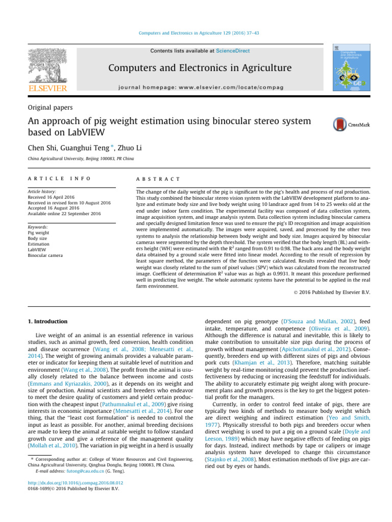 An Approach of Pig Weight Estimation Using Binocular Stereo System Based On LabVIEW | PDF ...