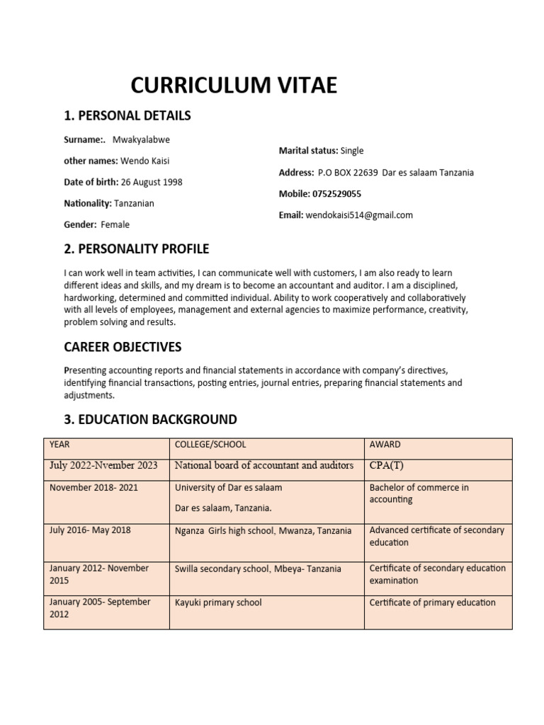 Wendo Kaisi (Curriculum Vitae) | PDF | Tanzania | Accounting