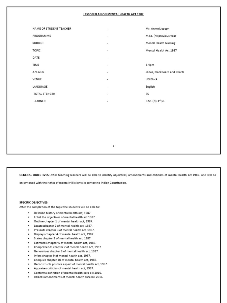 Lesson Plan On Mental Health Act | PDF | Psychiatry | Mental Health
