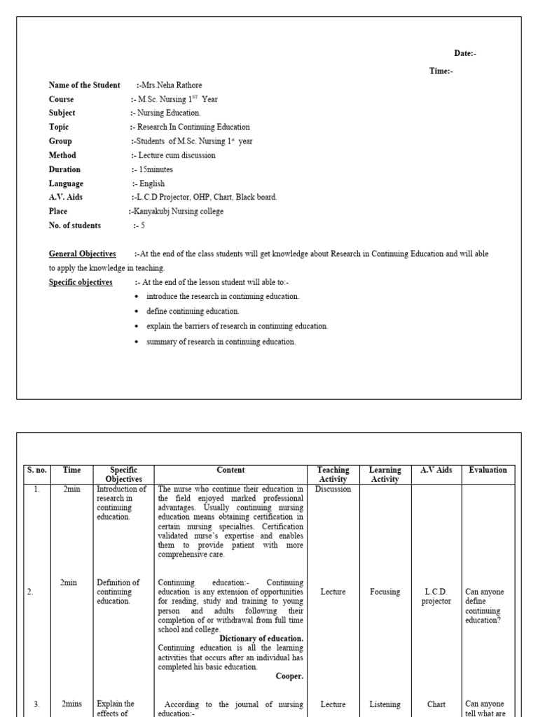Lesson Plan Micro Teaching On Continue Education | PDF | Nursing ...