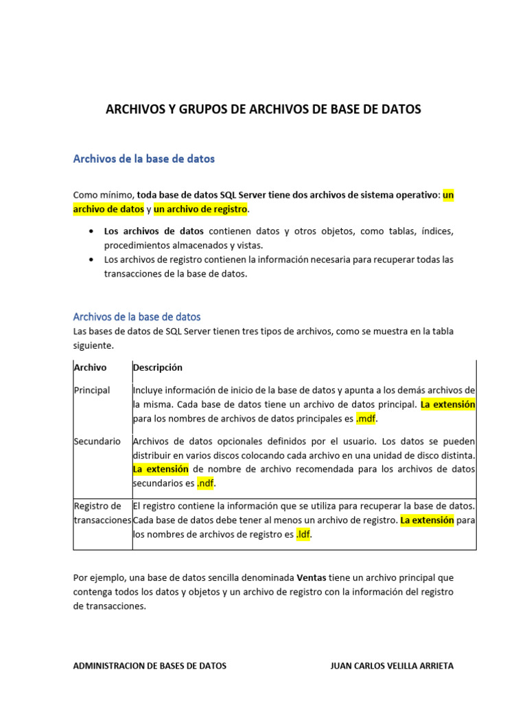 Archivos y Tipos en Bases de Datos SQL | PDF | Servidor SQL de ...