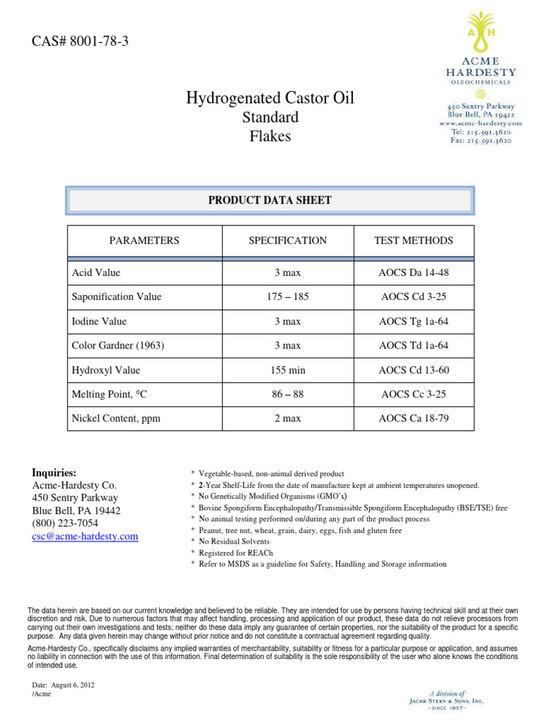 Hydrogenated Castor Oil Flakes Spec | PDF