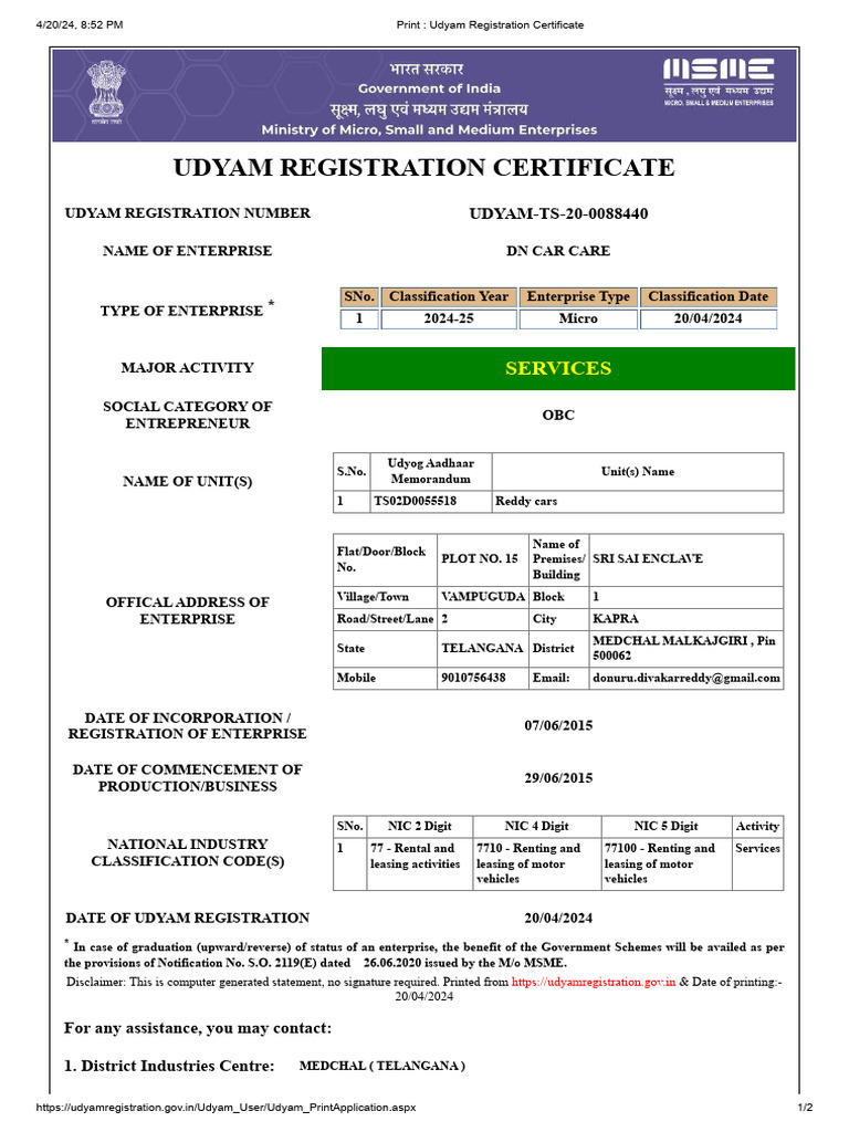 Print - Udyam Registration Certificate DN CAR CARE | PDF | Vehicles