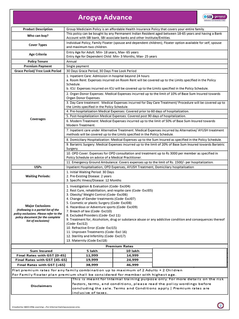 Arogya Advance - Quick reference_16052024v1 | PDF | Insurance | Hospital