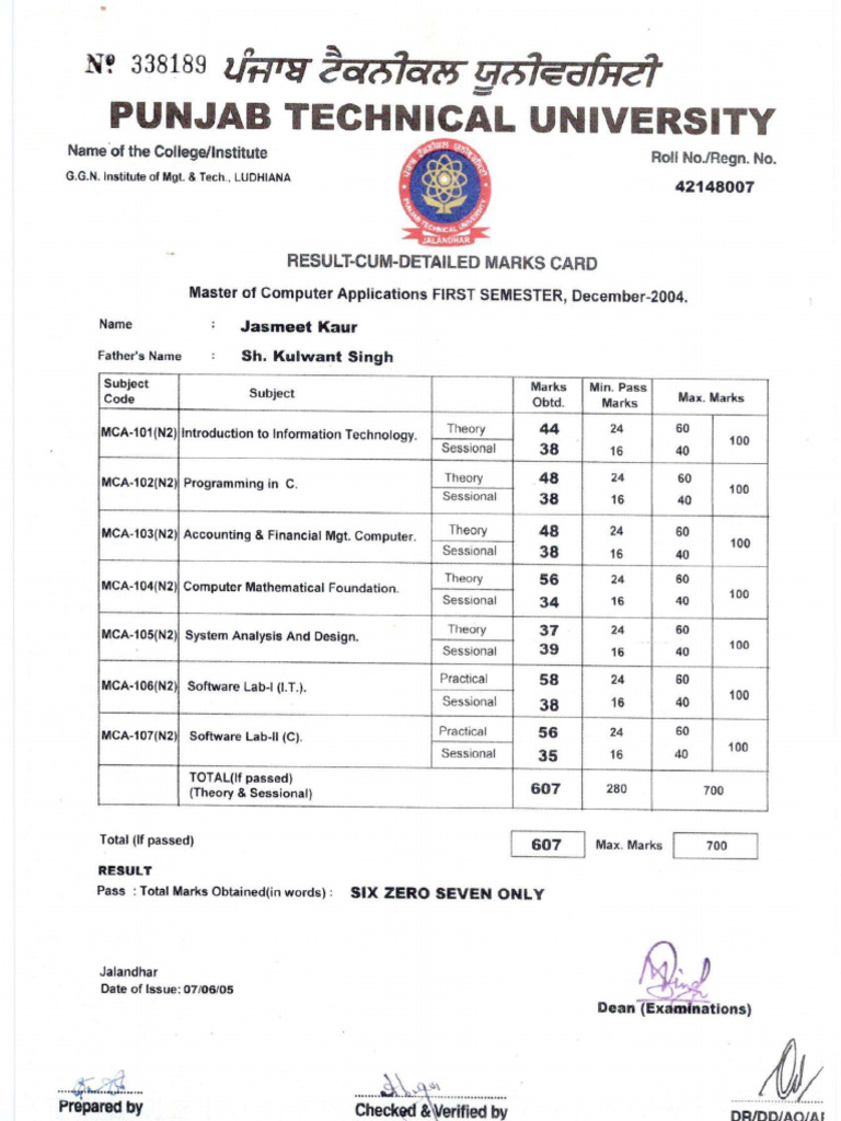 MCA Marksheets | PDF