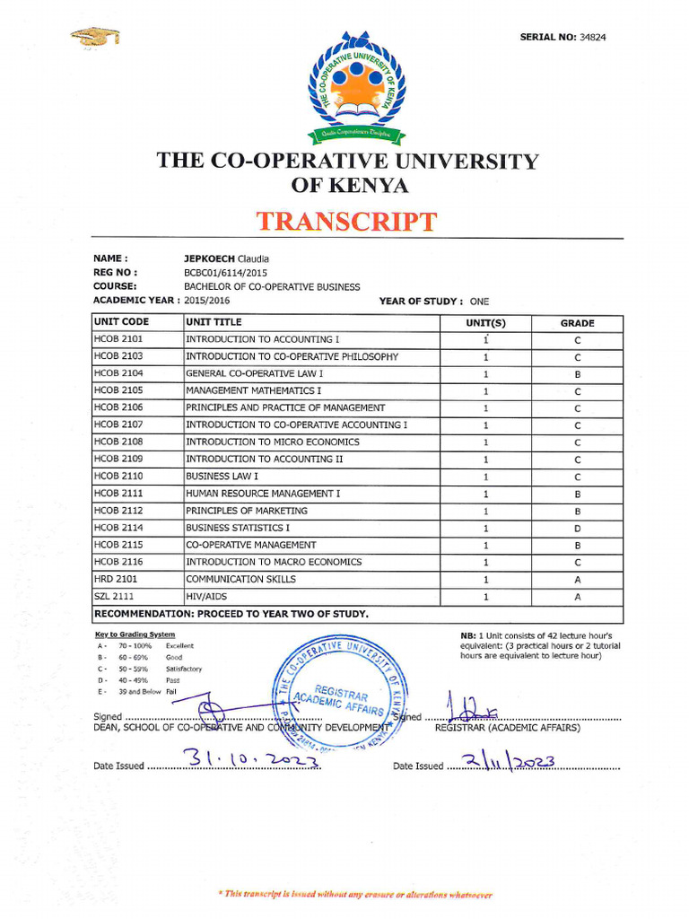 Transcript First Year | PDF