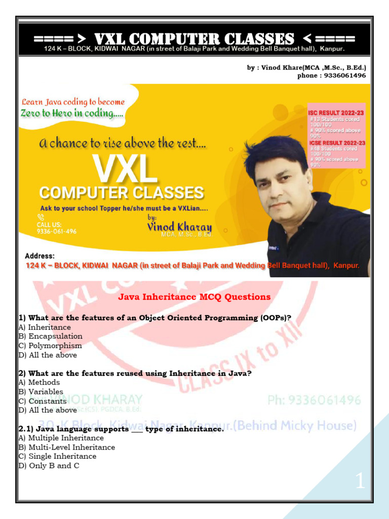 Inheritance By Vxl Computer Classes 2023 24 Pdf Inheritance Object Oriented Programming