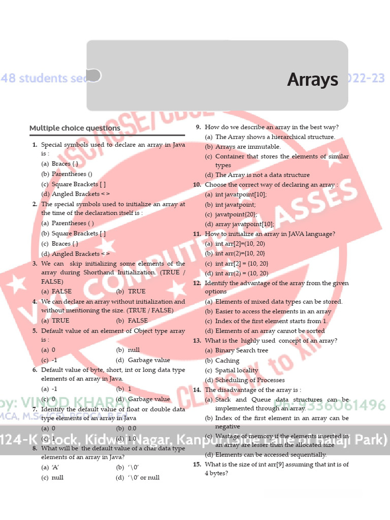 Mcq On Array With Answers Pdf Integer Computer Science Bracket