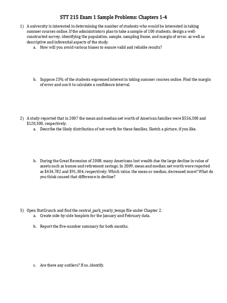 STT 215 Exam 1 Sample Problems | PDF | Errors And Residuals | Standard ...