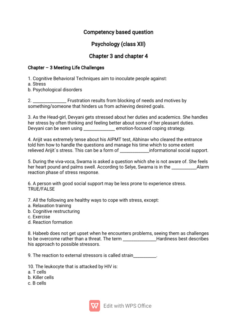 Competency Based Question, Psychology, Chapter 3,4, XII | PDF | Stress ...