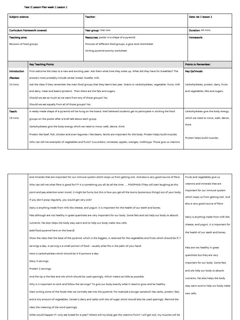 year 2 science lesson plan week 1 lesson 1 | PDF | Foods | Nutrition