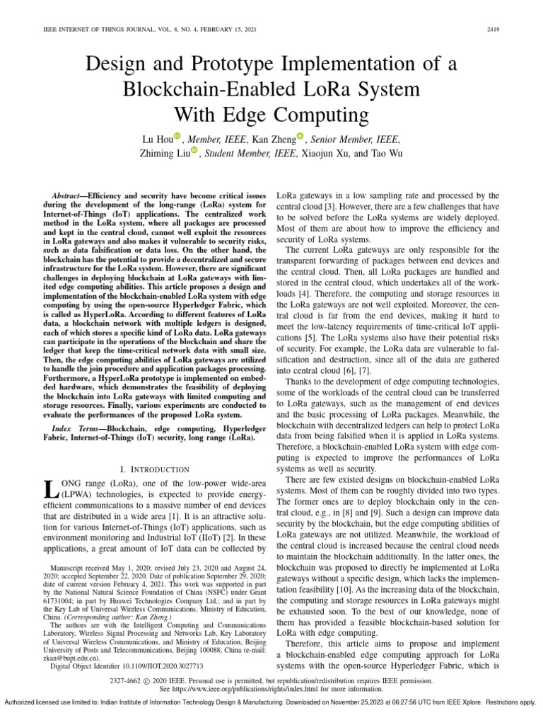 Design And Prototype Implementation Of A Blockchain Enabled Lora System With Edge Computing