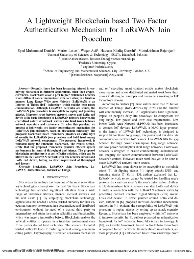 A Lightweight Blockchain Based Two Factor Authentication Mechanism For LoRaWAN Join Procedure ...