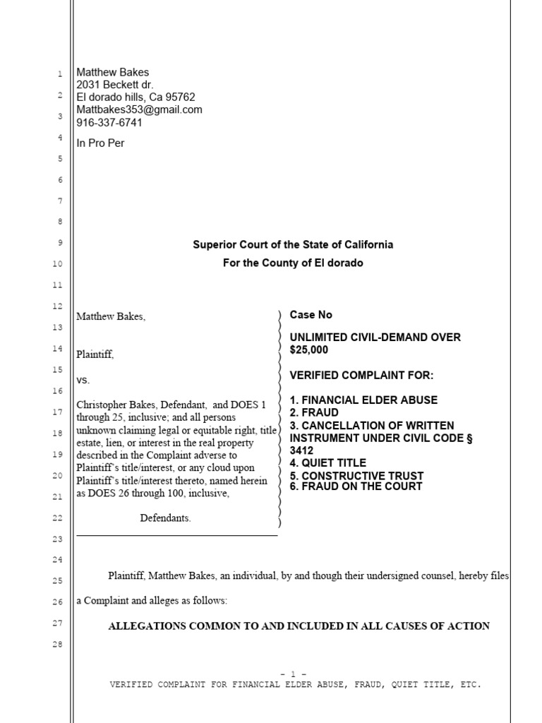 Sample Complaint For Financial Elder Abuse in California | PDF ...