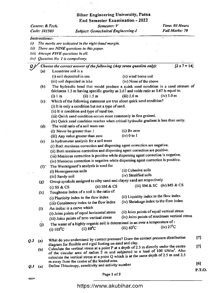 Btech Ce 5 Sem Geotechnical Engineering 1 101503 2022 | PDF