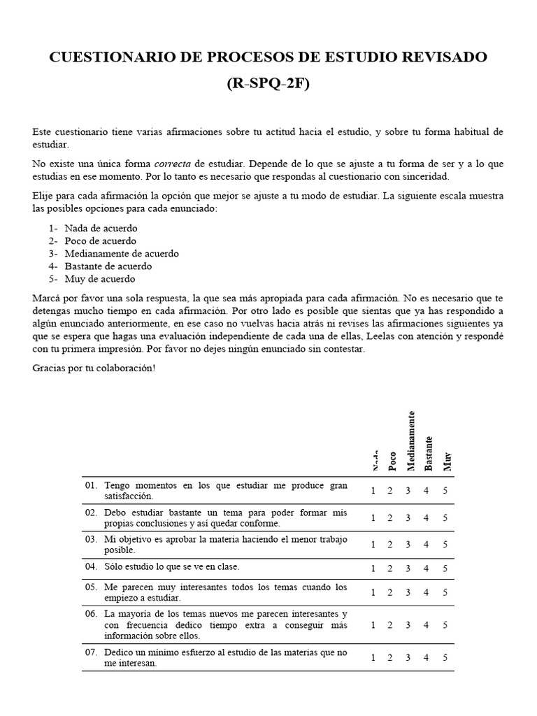 Cuestionario de Procesos de Estudio | PDF