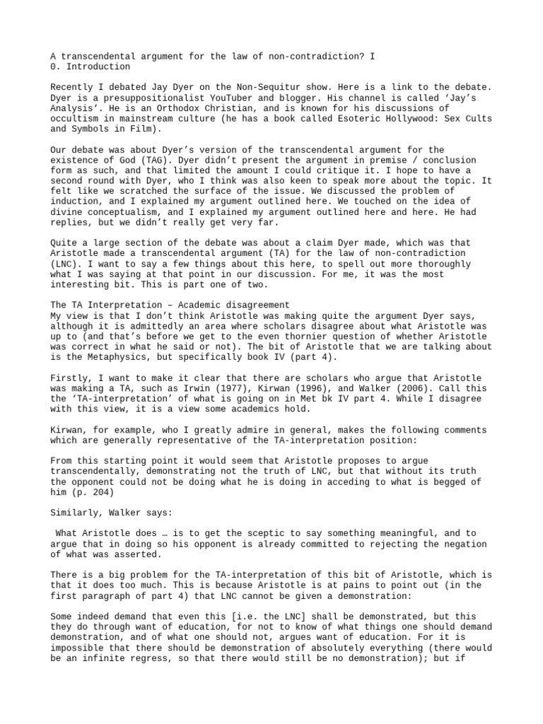 A Transcendental Argument For The Law of Non-Contradiction I - Dr. Alex ...