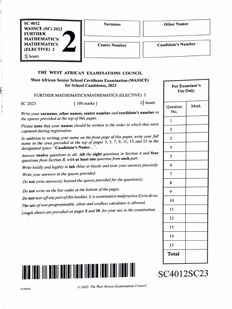 Elective Mathematics Wassce 2023 Try Questions | PDF | Mass | Force