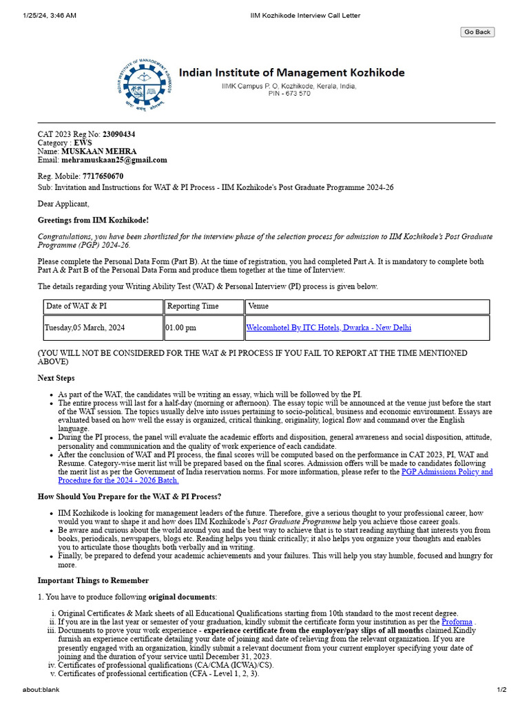 IIM Kozhikode Interview Call Letter | PDF