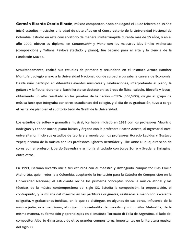 Biografía de Germán Ricardo Osorio Rincón | PDF | Coro | Composiciones ...