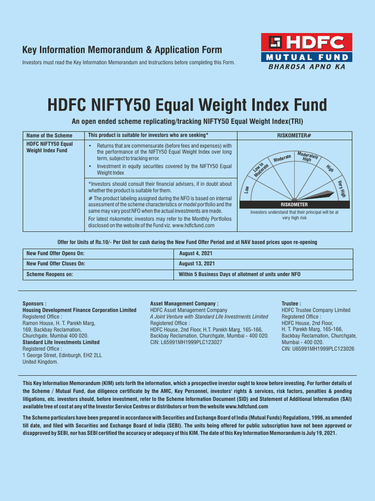 HDFC Nifty50 Equal Weight Index KIM With STP Form | PDF | Securities ...