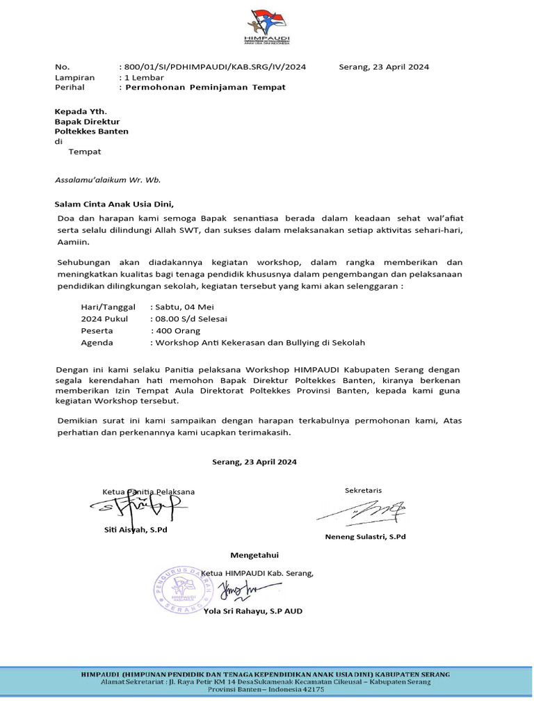 Permohonan Tempat Workshop Pendidikan | PDF
