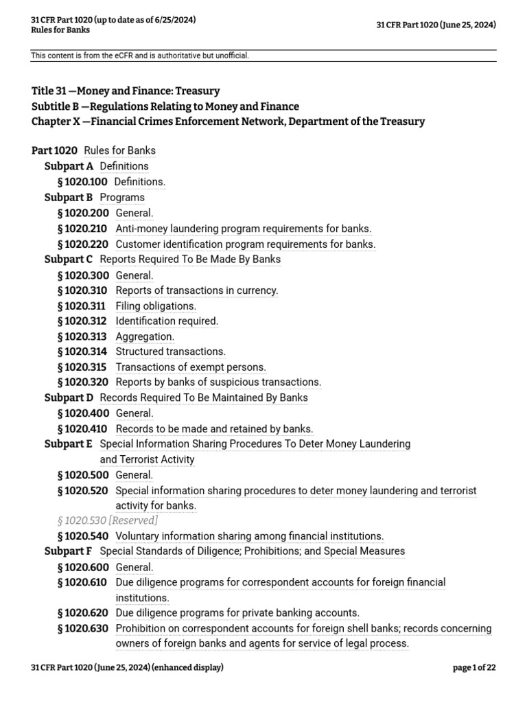 31 CFR Part 1020 (Up To Date As of 6-25-2024) | PDF | Banks ...