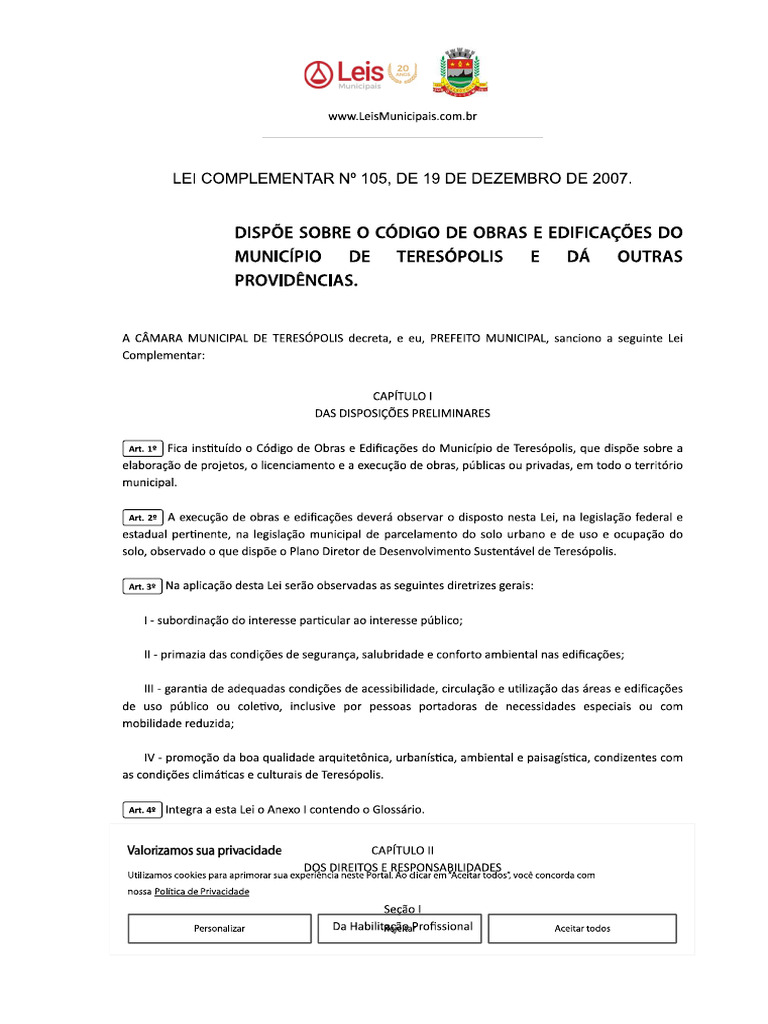 Lei Complementar 105 2007 Código de Obras Da Cidade de Teresópolis | PDF