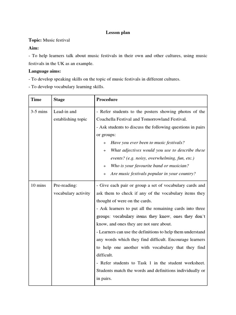Lesson Plan - Music Festival | PDF | Vocabulary