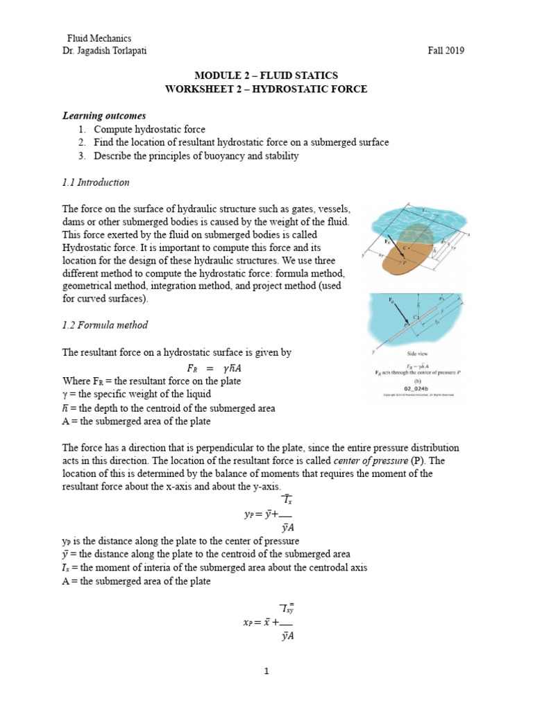 Learning Outcomes: Module 2 - Fluid Statics Worksheet 2 - Hydrostatic ...
