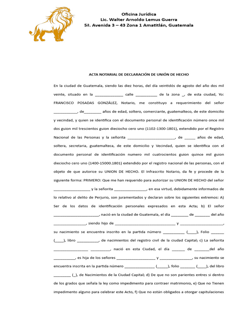 Acta De Matrimonio Acta De Union De Hecho Guatemala